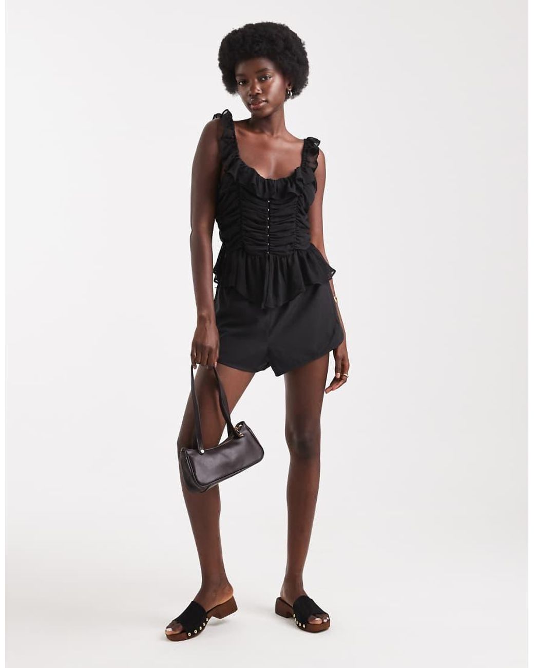 Miss Selfridge Ruched Detail Frill Cami in Black | Lyst UK
