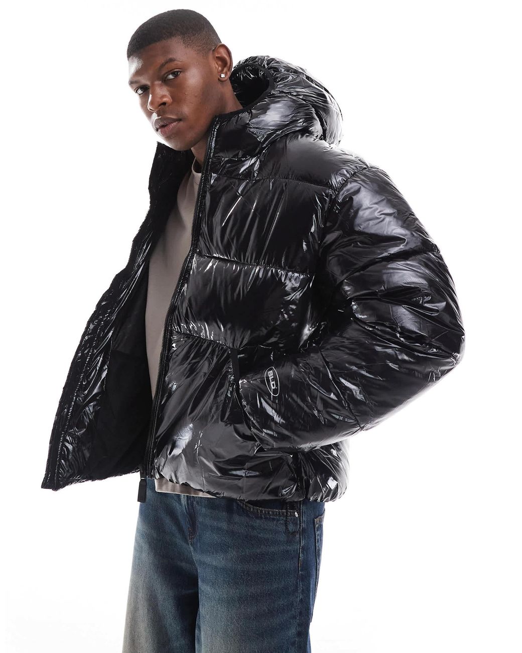 Bershka High Shine Puffer Jacket With Hood in Black for Men | Lyst