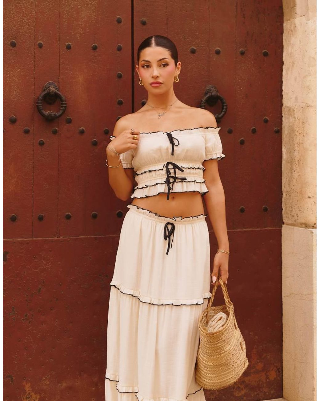 The Frolic X Lydia Kara Exclusive Bardot Contrast Lettuce Edge Crop Top ...