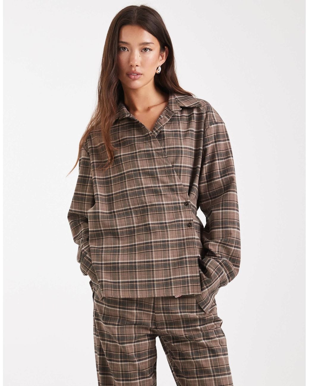 ASOS Wool Blend Wrap Top in Brown | Lyst