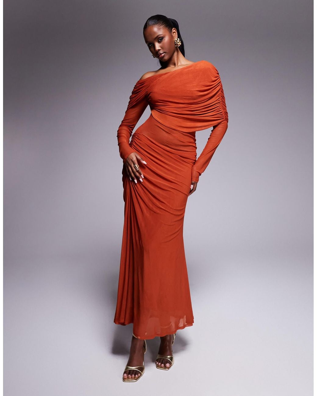 ASOS Long Sleeve Slouchy Bardot Mesh Mix Maxi Dress in Red | Lyst