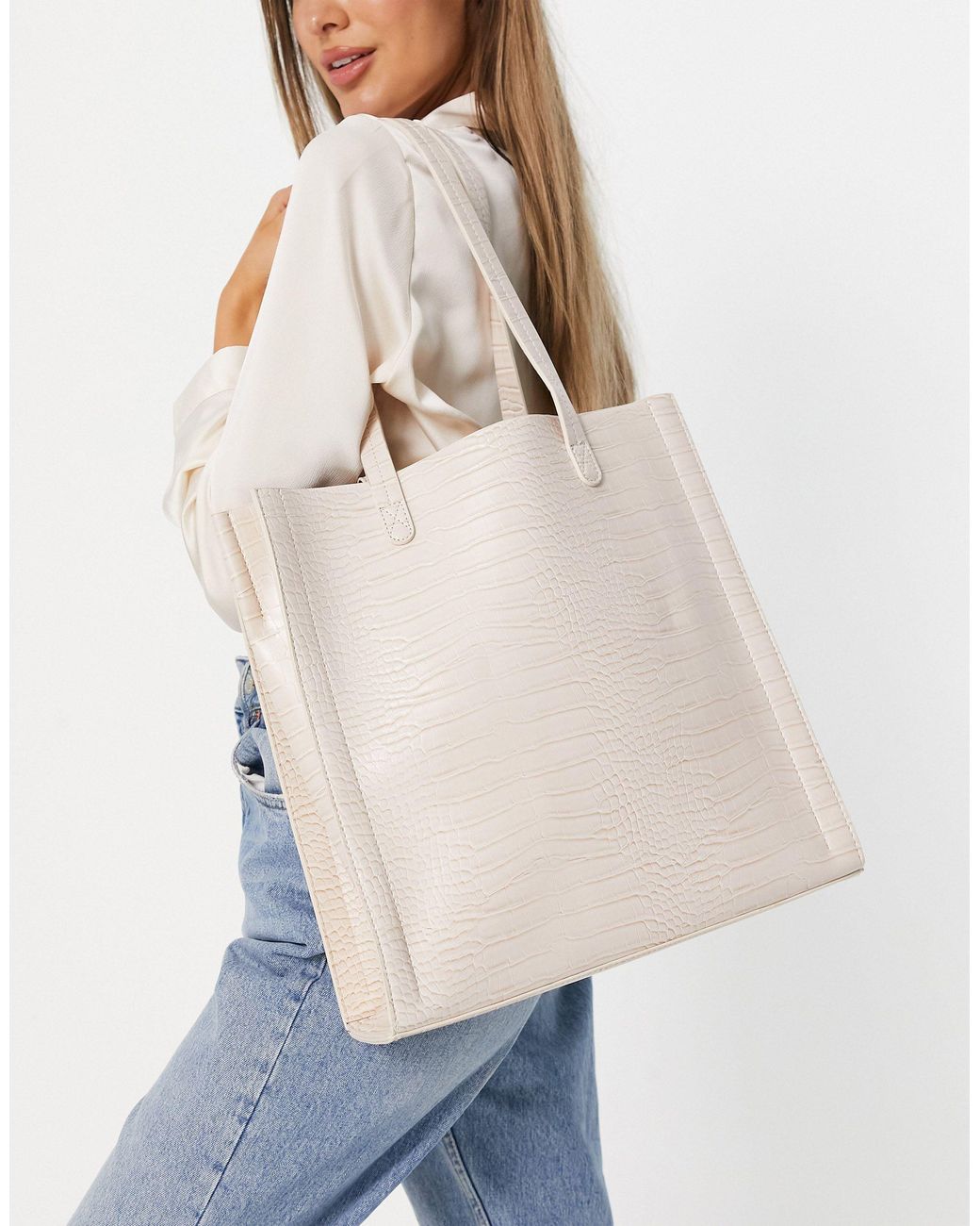 ASOS DESIGN Laptop Compartment Tote Bag In Cream Croc | atelier-yuwa ...