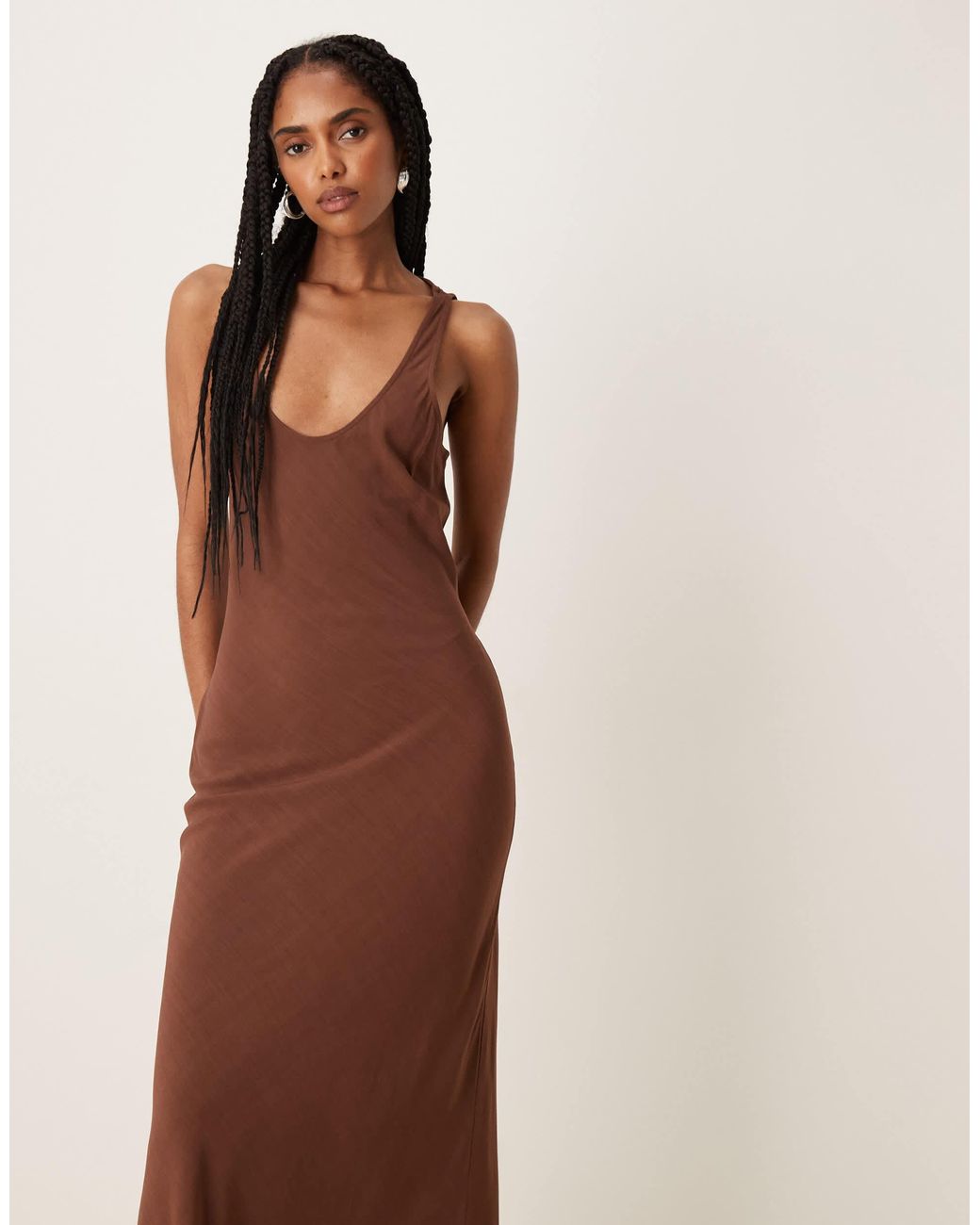 ASOS Bias Slip Linen Look Maxi Dress in Brown | Lyst