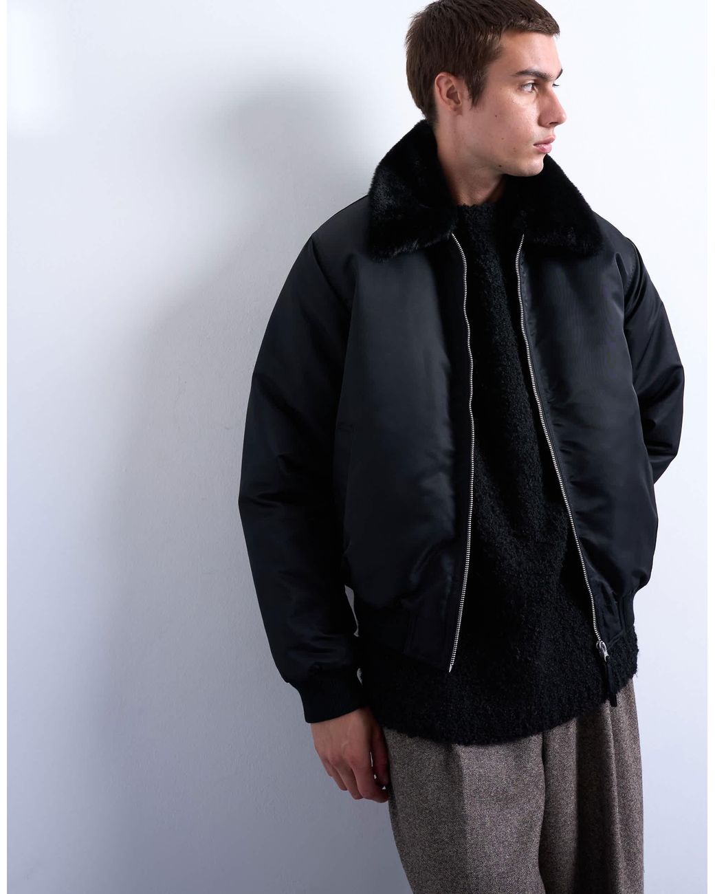 TOPMAN Faux Fur Collar Bomber Jacket in Blue for Men | Lyst