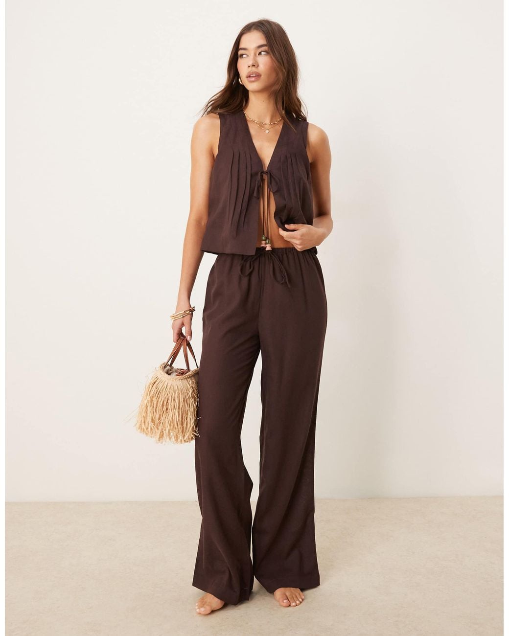 ASOS Ivy Linen Blend Beach Vest in Brown | Lyst