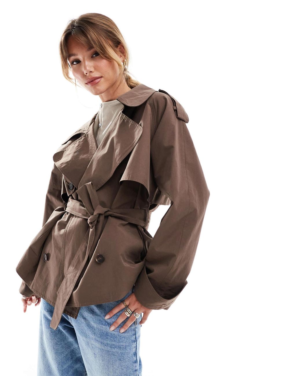 ASOS Oversized Short Trench Coat With Belt in Brown | Lyst
