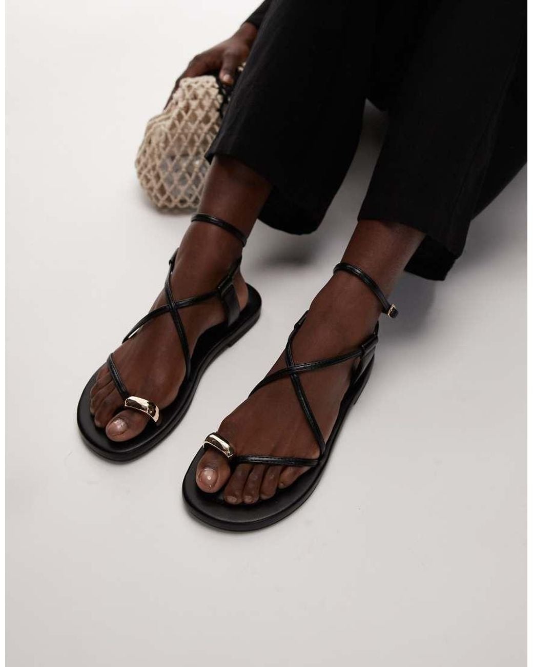 TOPSHOP Jerry Flat Sandals With Metal Detail in Black | Lyst UK