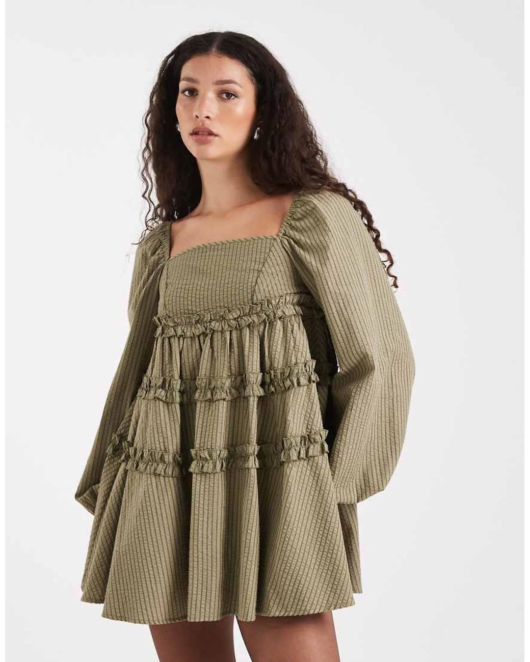 Daisy Street Volume Tiered Long Sleeve Mini Dress in Natural | Lyst UK