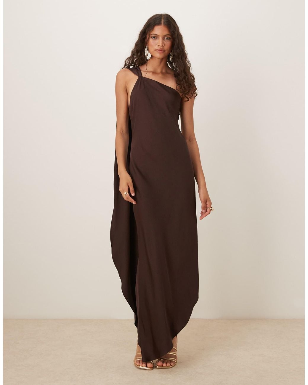 Mango One Shoulder Satin Dress in Brown | Lyst