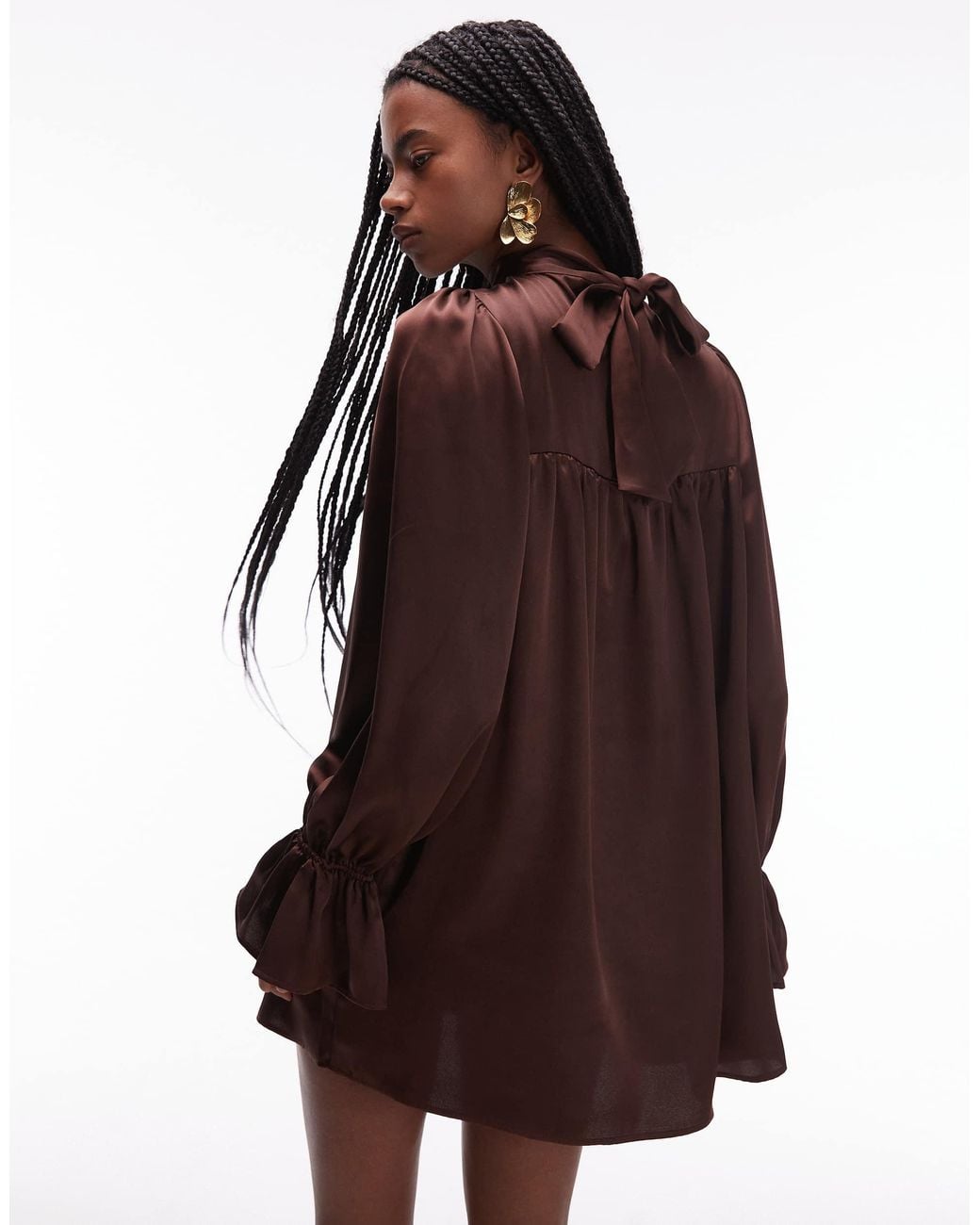 ASOS Satin High Neck Blouson Sleeve Mini Dress in Brown | Lyst