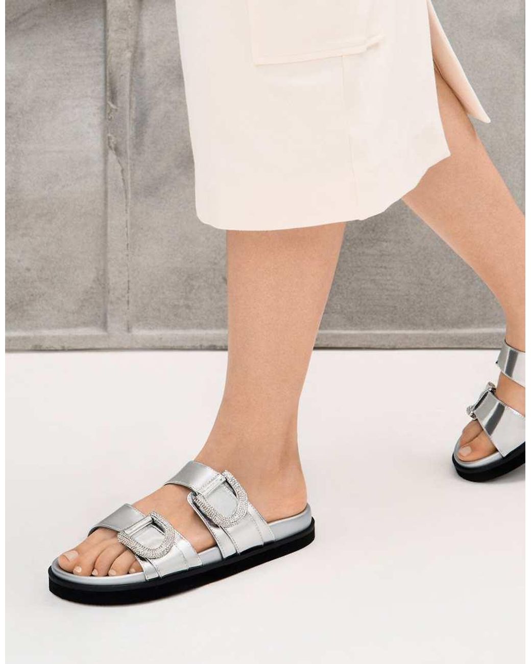 Charles & Keith Gabine Crystal-Embellished Buckle Metallic Leather ...