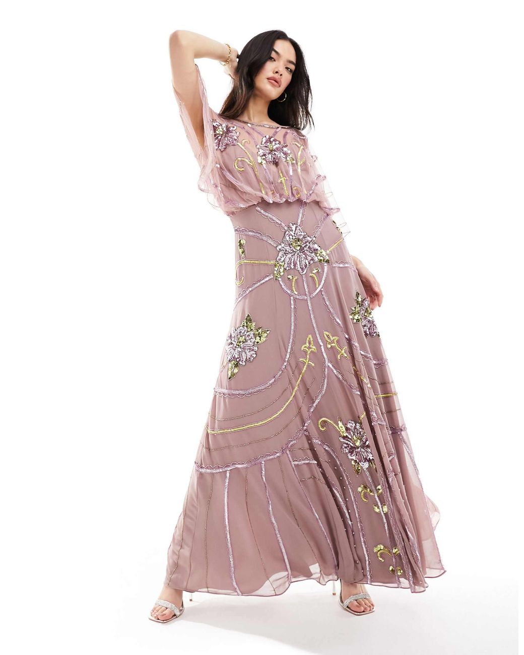 ASOS Embellished Batwing Maxi Dress With Floral Artwork in Pink | Lyst