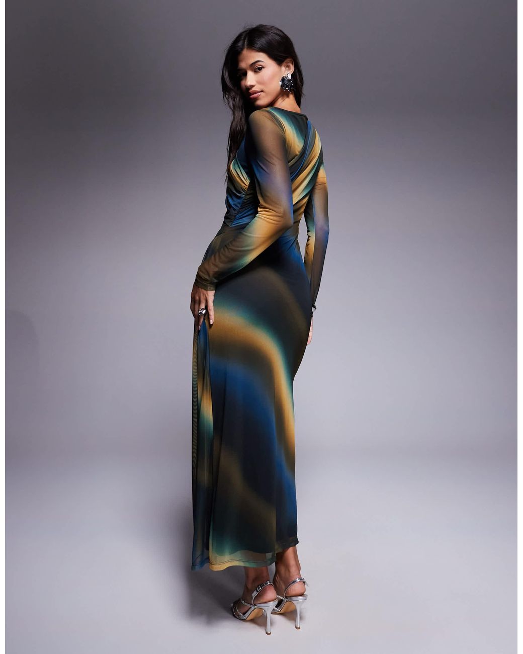 DASKA Mesh Draped Maxi Dress in Blue | Lyst