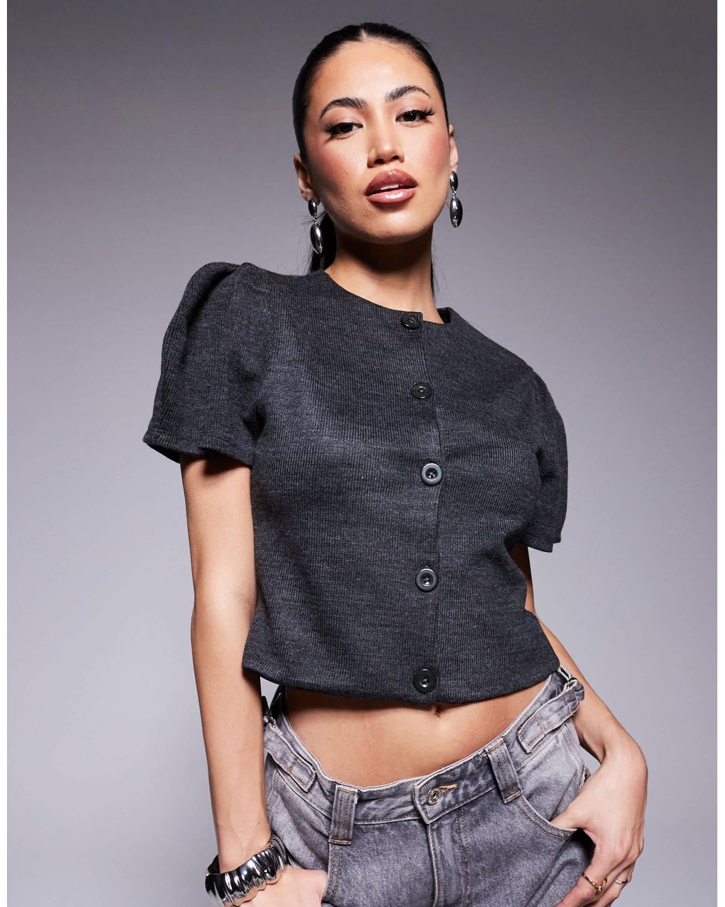 ASOS Button Through Structured Short Sleeve Top in Gray | Lyst