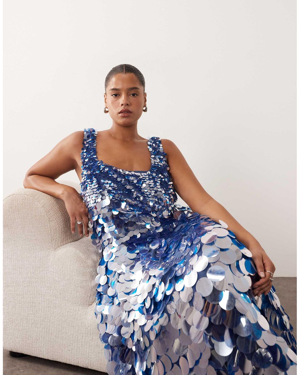 ARRANGE Curve Embellished Disc Sequin Square Neck Full Skirt Midi Dress ...