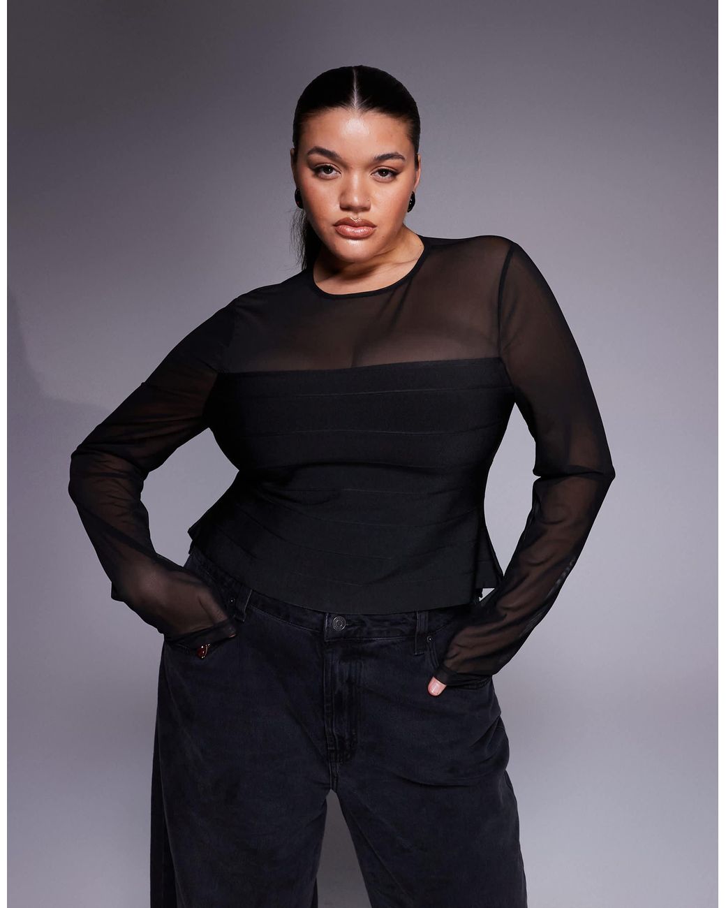 ASOS Asos Design Curve Bandage Panel Mesh Long Sleeve Top in Blue | Lyst