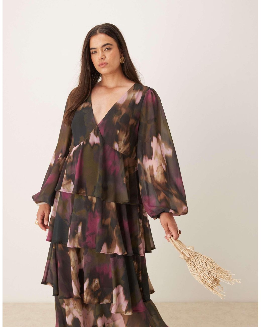 Pretty Lavish Curve Ashton Ruffle Tiered Midaxi Dress in Brown | Lyst
