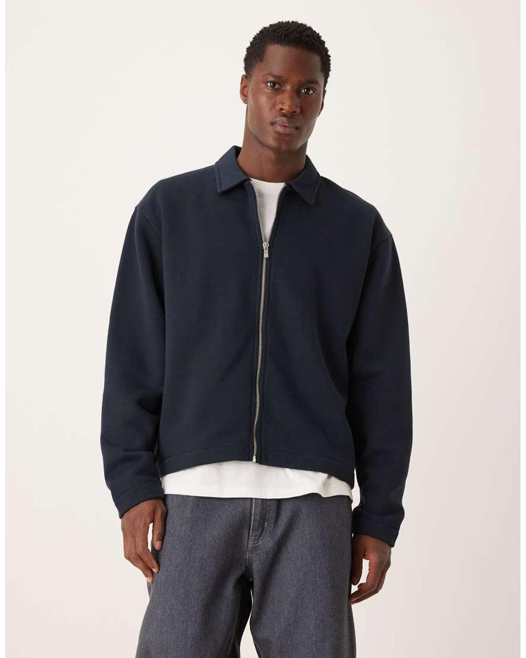ASOS Relaxed Boxy Zip-up Harrington Jacket in Blue for Men | Lyst UK