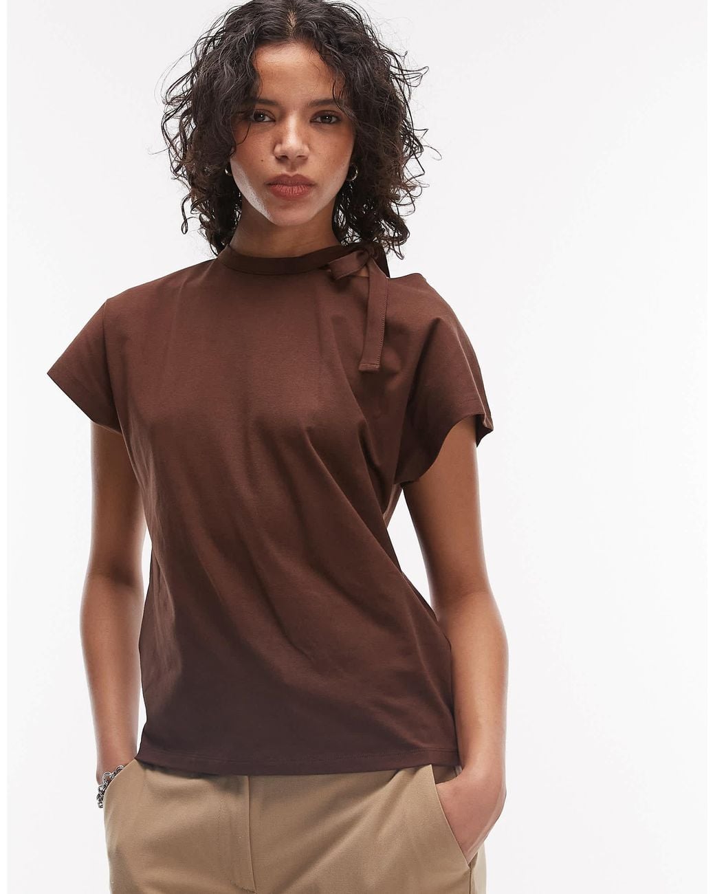 ASOS Cap Sleeve With Cut Out Scarf Detail Top in Brown | Lyst