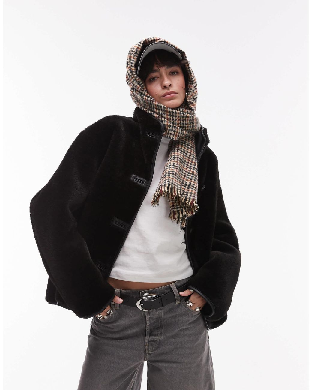 Mango Funnel Neck Shearling Jacket in Black | Lyst