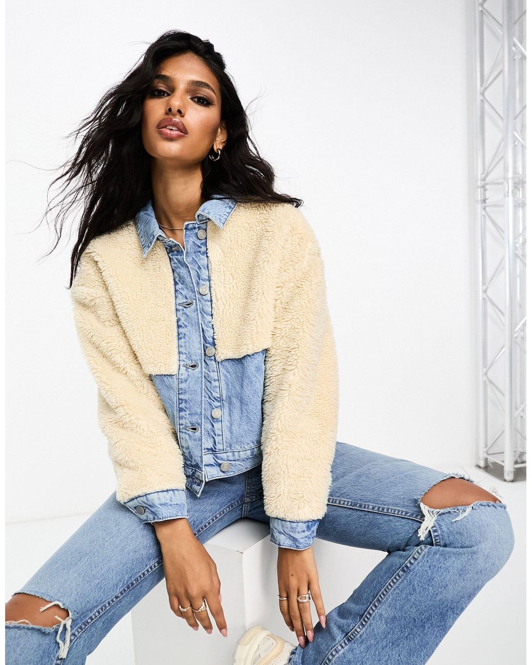 ASOS Denim Jacket With Borg Fleece Detail in Blue | Lyst