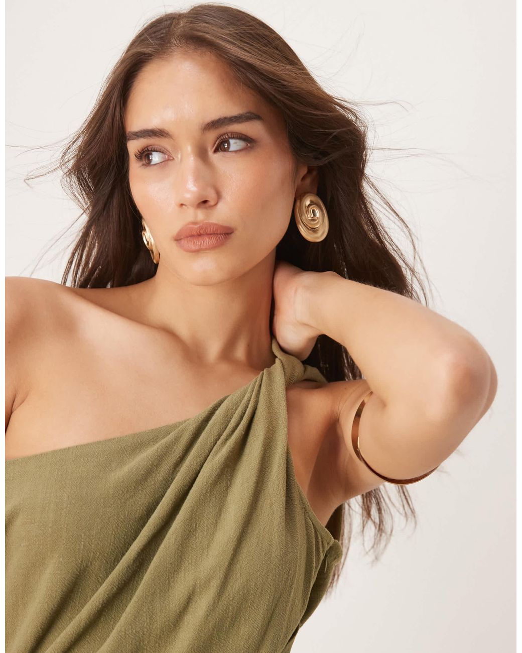 ASOS Linen Mix Fallen Twist Shoulder Wrap Skirt Detail Midi Dress in ...