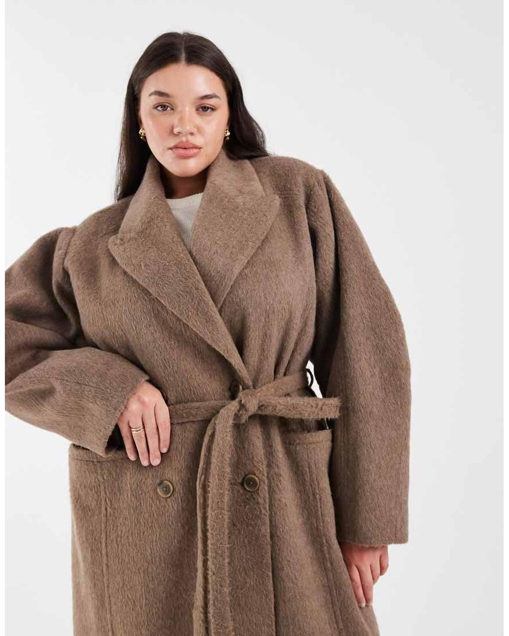 ASOS Asos Design Curve Brushed Coat With Dome Sleeve And Skinny Belt in ...