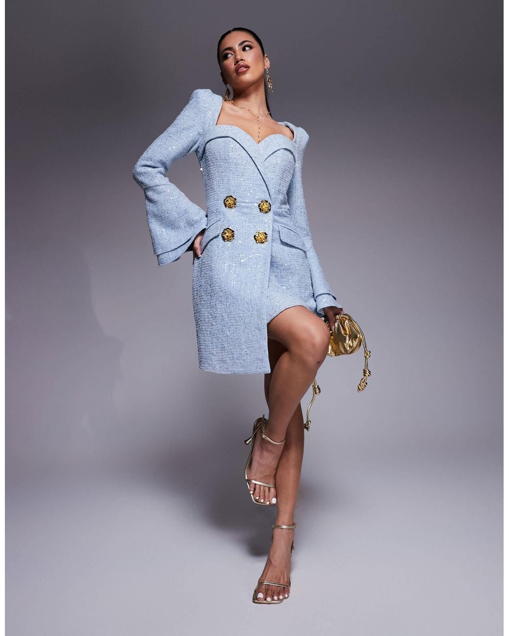 Lavish Alice Boucle Oversized Rose Button Blazer Mini Dress in Blue | Lyst