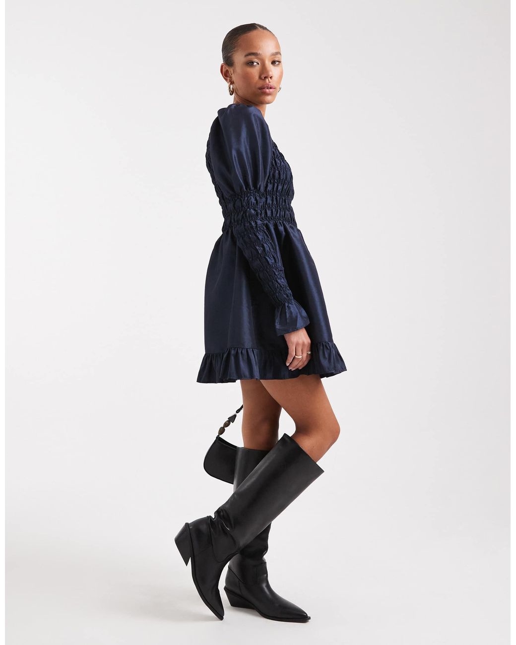 Daisy Street Shirred Volume Sleeve Mini Dress in Blue | Lyst