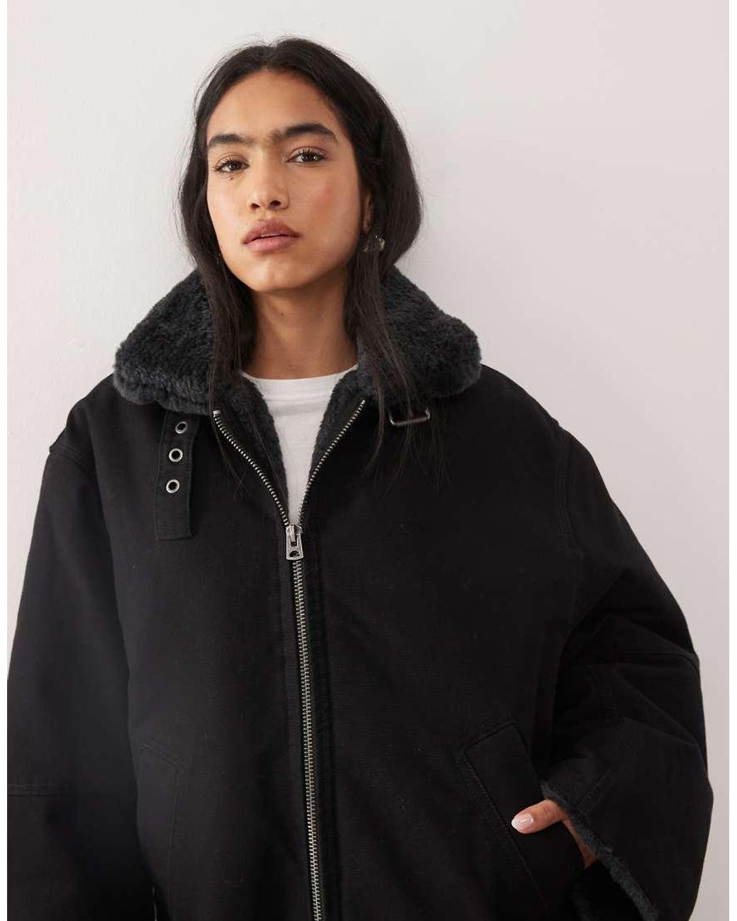 Weekday Canvas Jacket With Faux Fur Collar in Black | Lyst UK