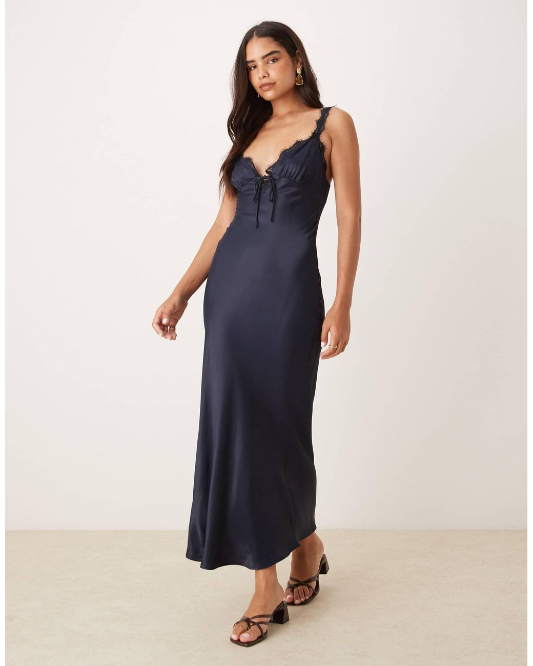 ASOS Lace Trim Satin Slip Maxi Dress in Blue | Lyst