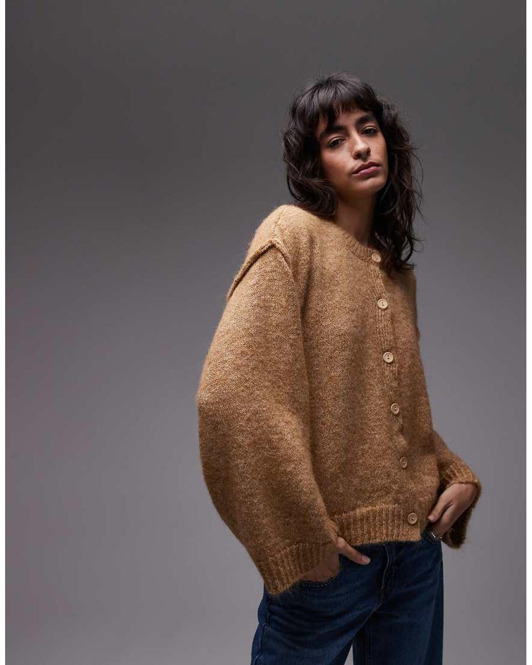 ASOS Knitted Cardigan With Wool And Exposed Seams in Brown | Lyst UK