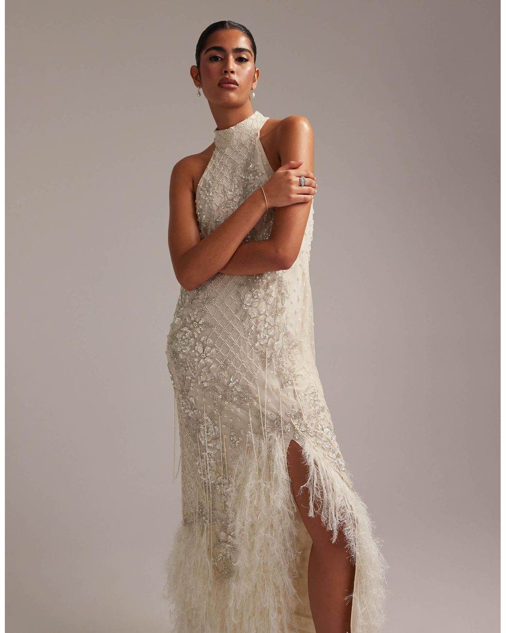 ASOS Floral Embellished Halter Maxi Wedding Dress With Fringe Hem-white in Brown | Lyst