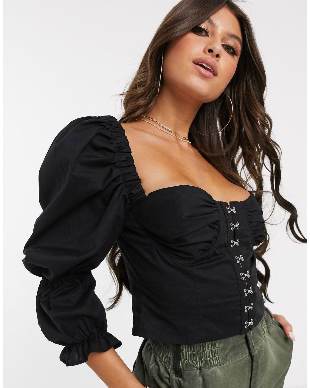 ASOS Long Sleeve Corset Top With Hook And Eye Detail-multi in Black | Lyst
