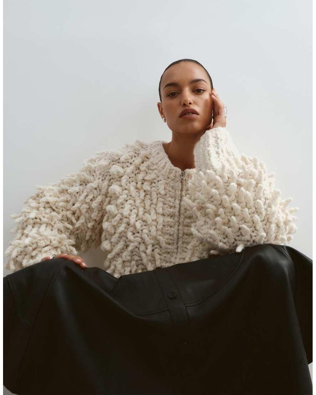ARRANGE Wool Heavy Knit Loopy Jacket in Natural | Lyst UK