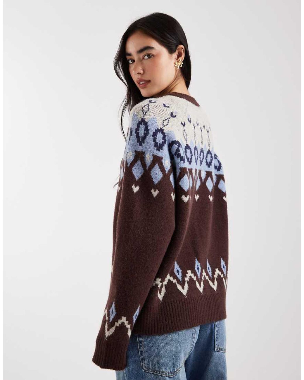 Daisy Street Fair Isle Zip Up Graphic Jumper in Brown | Lyst UK