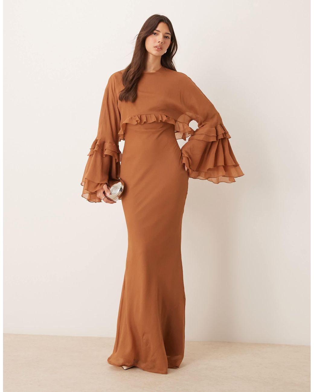 ASOS Batwing Overlay Bias Maxi Dress With Ruffles in Brown | Lyst