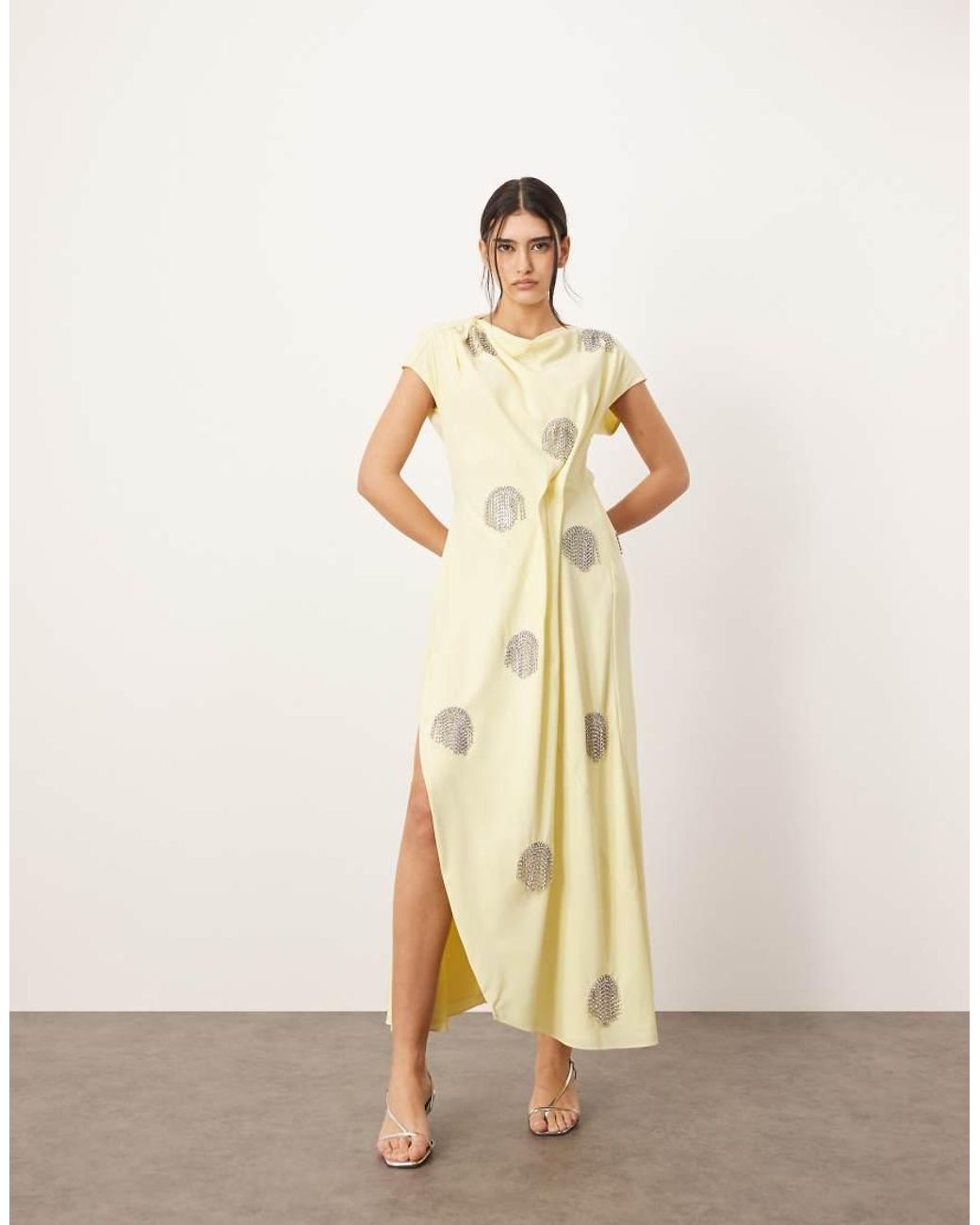 ARRANGE Embellished Diamante Fringe Spot Drape Midi Dress in Natural ...