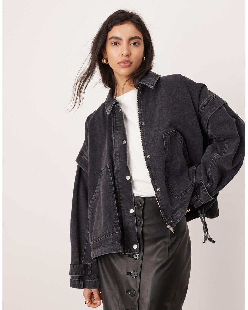 ASOS Denim Bomber Jacket With Tab Sleeve Detail in Natural | Lyst