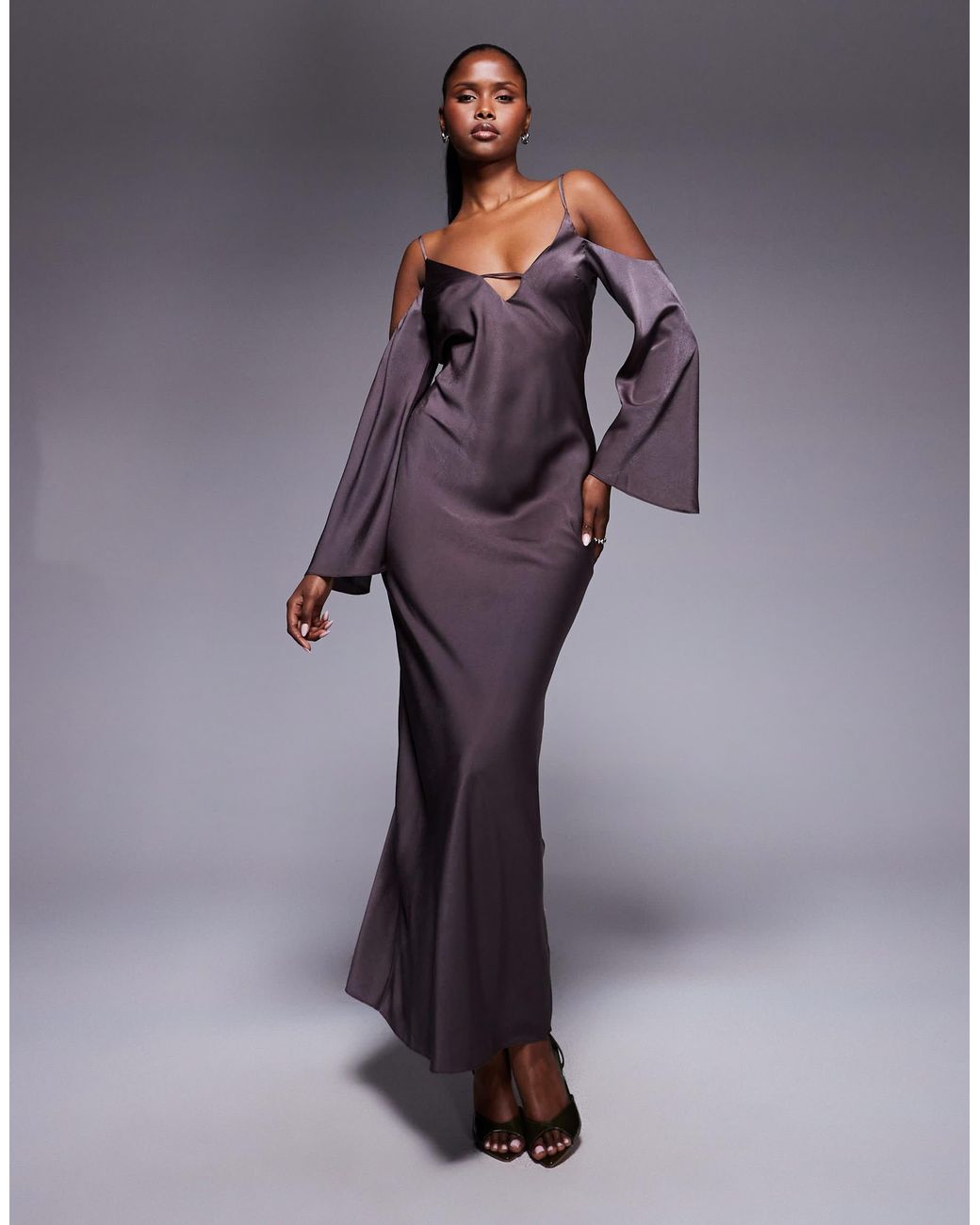 ASOS Satin Long Sleeve Fallen Shoulder Cami Maxi Dress in Purple | Lyst