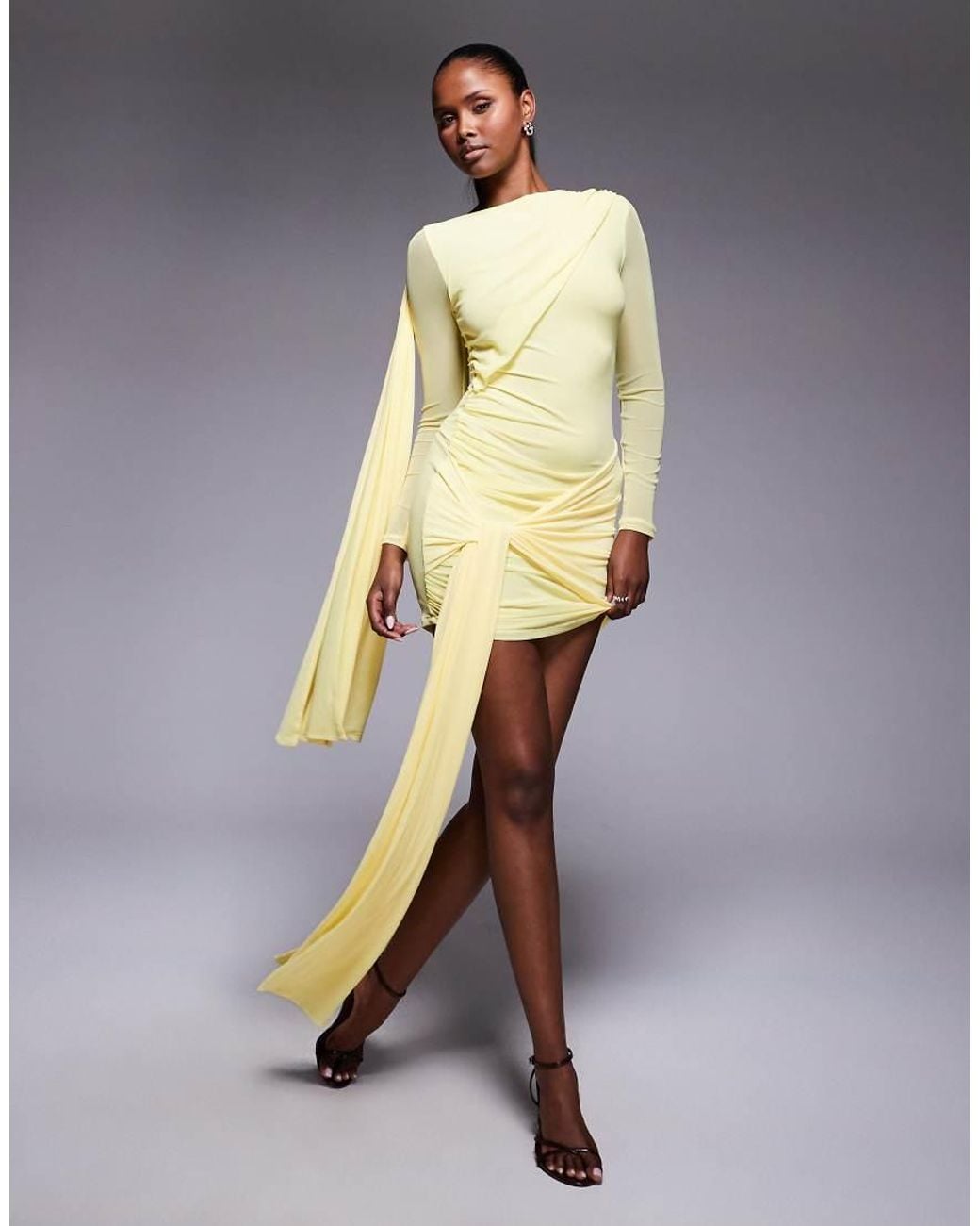 ASOS Mesh Tie Shoulder Mini Dress With Knot Drape Detail in Yellow ...