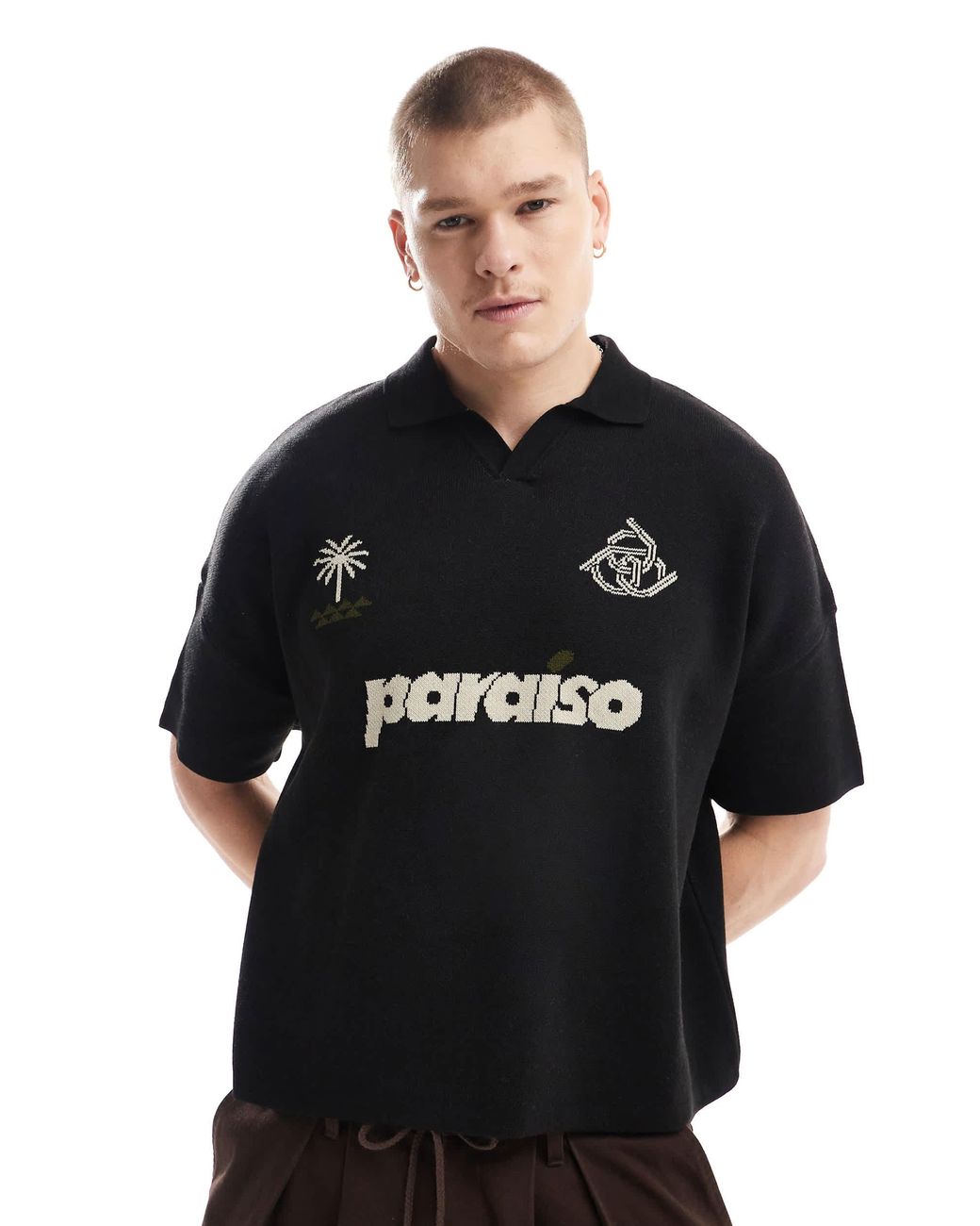 ASOS Knitted Oversized Boxy Polo With Paraiso Chest Print in Black for ...