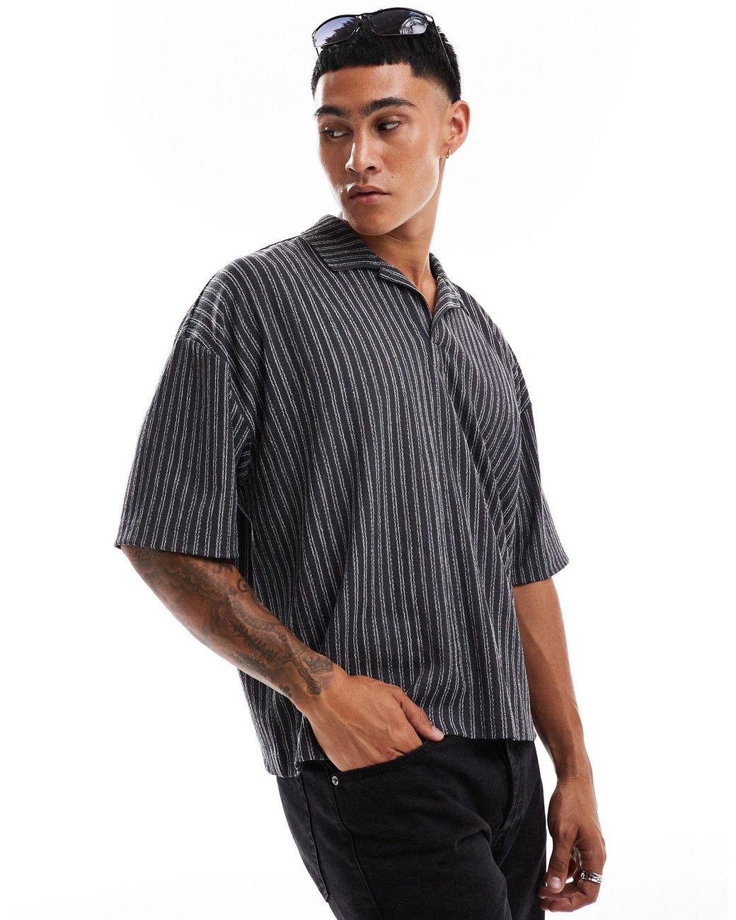 ASOS Oversize Boxy Polo Shirt With Texture in Gray for Men | Lyst