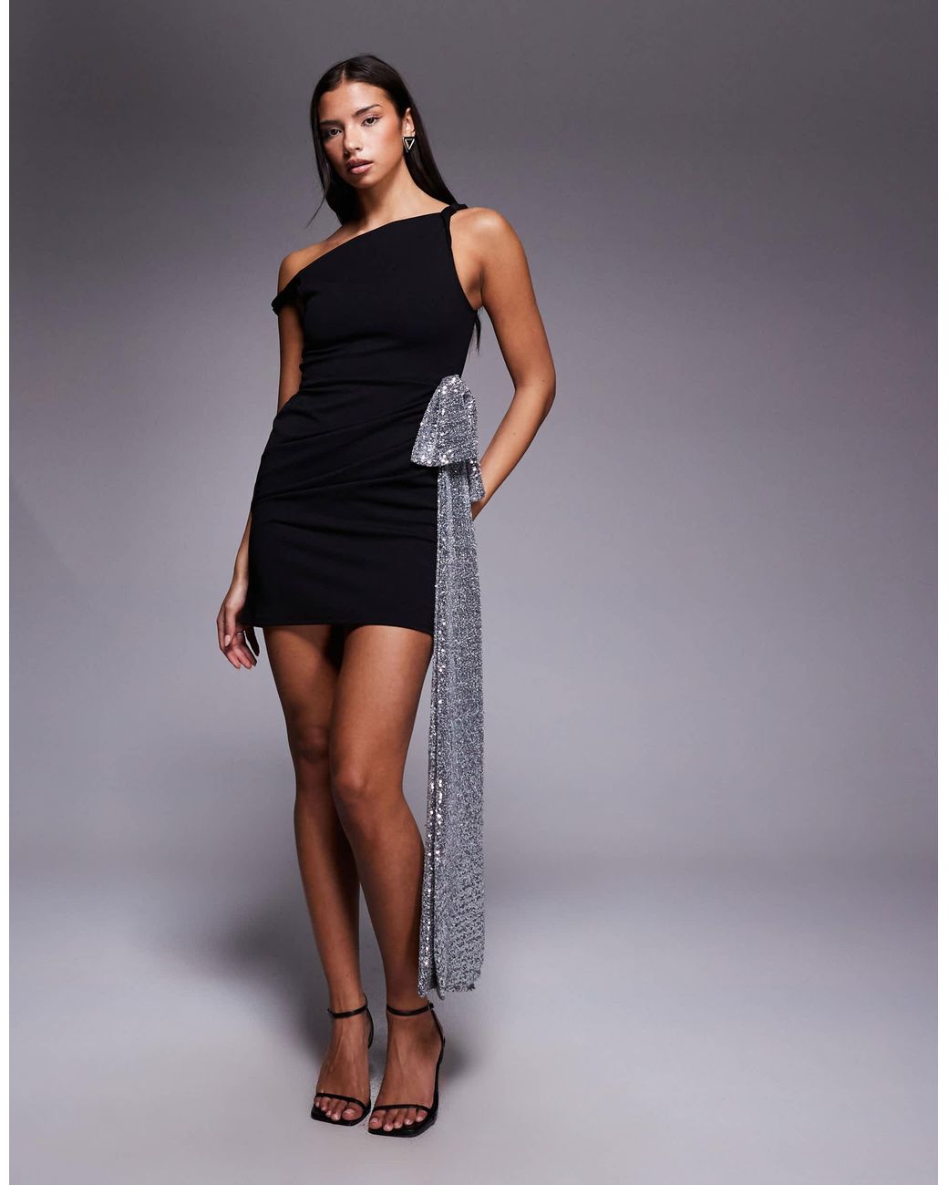 ASOS Crepe Twisted Off The Shoulder Mini Dress With Silver Sequined Bow ...