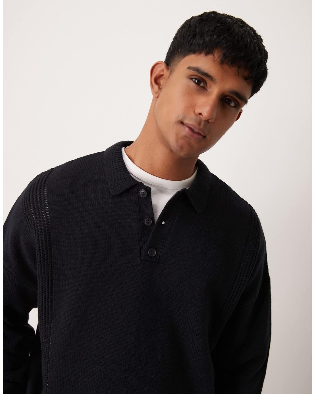 ASOS Oversized Boxy Fit Knitted Polo With Pointelle Stripe in Black for ...