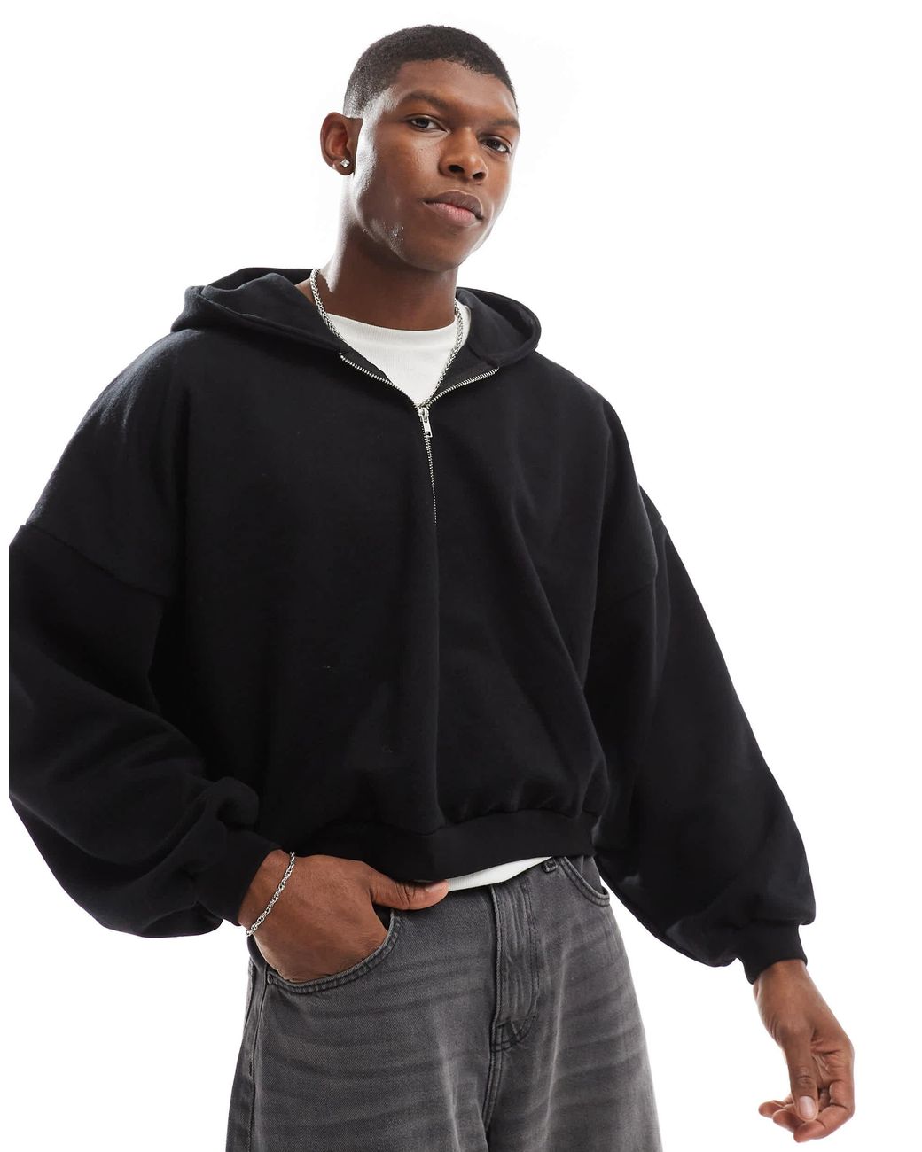 ASOS Heavyweight Extreme Oversized Cropped Hoodie With Half Zip Design in Black for Men | Lyst