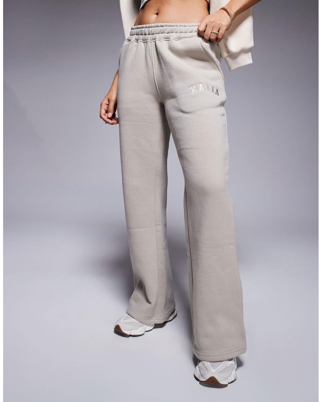 Kaiia Petite Cotton Blend Wide Leg Trackies in Gray | Lyst