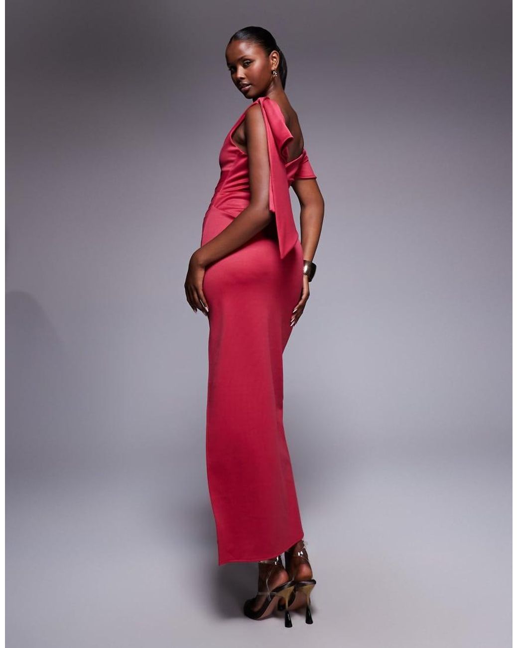 ASOS Fallen Shoulder With Drape Detail Midi Dress in Red | Lyst UK