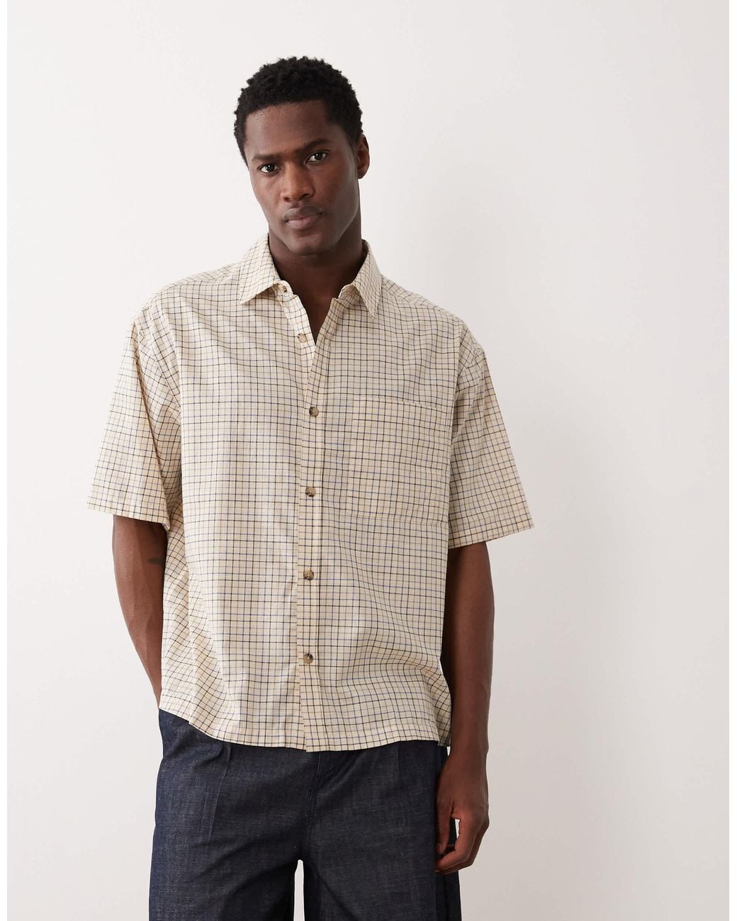ASOS Boxy Oversized Dad Plaid Shirt in Natural for Men | Lyst