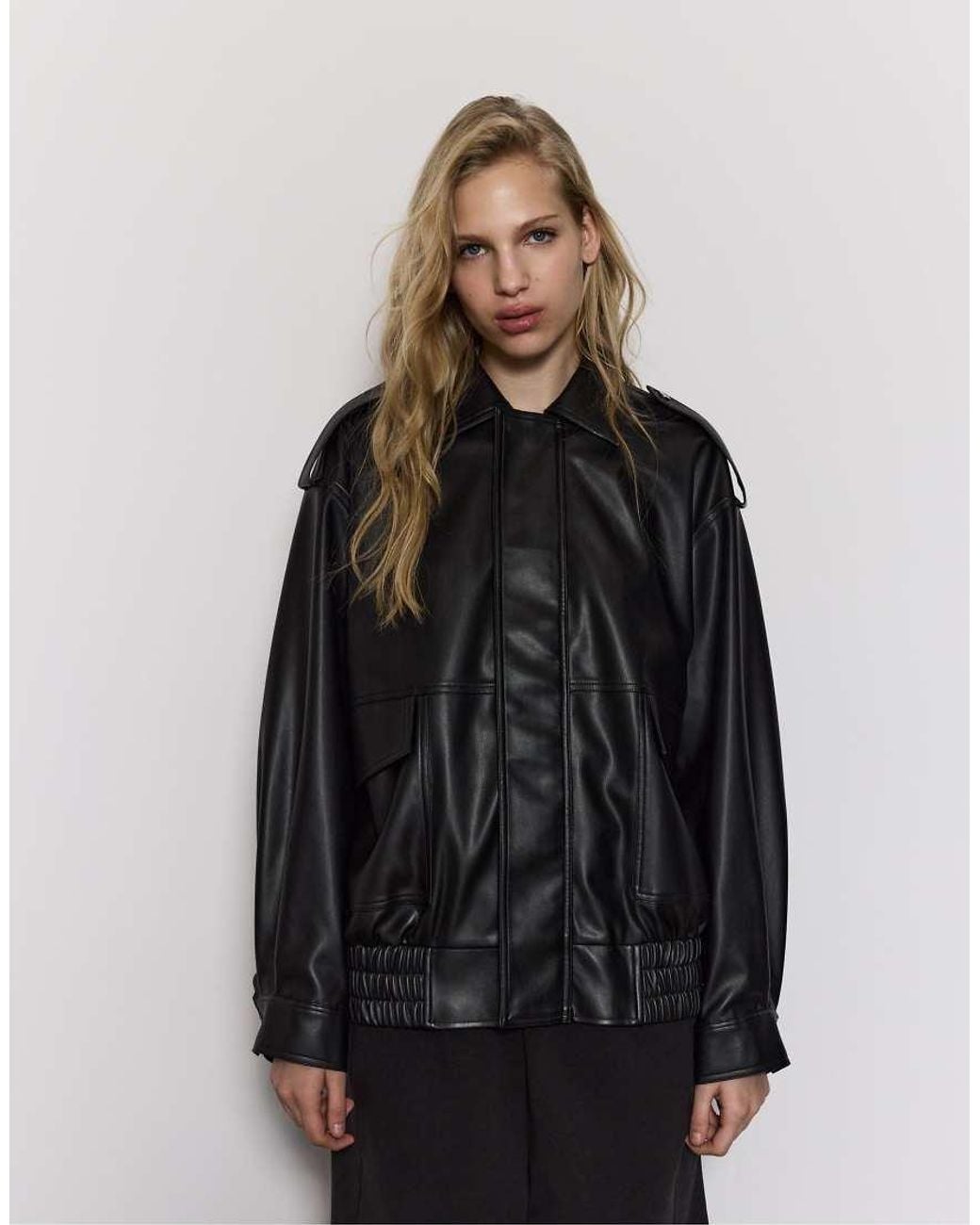 Stradivarius Oversize Leather Effect Biker Jacket in Black | Lyst UK